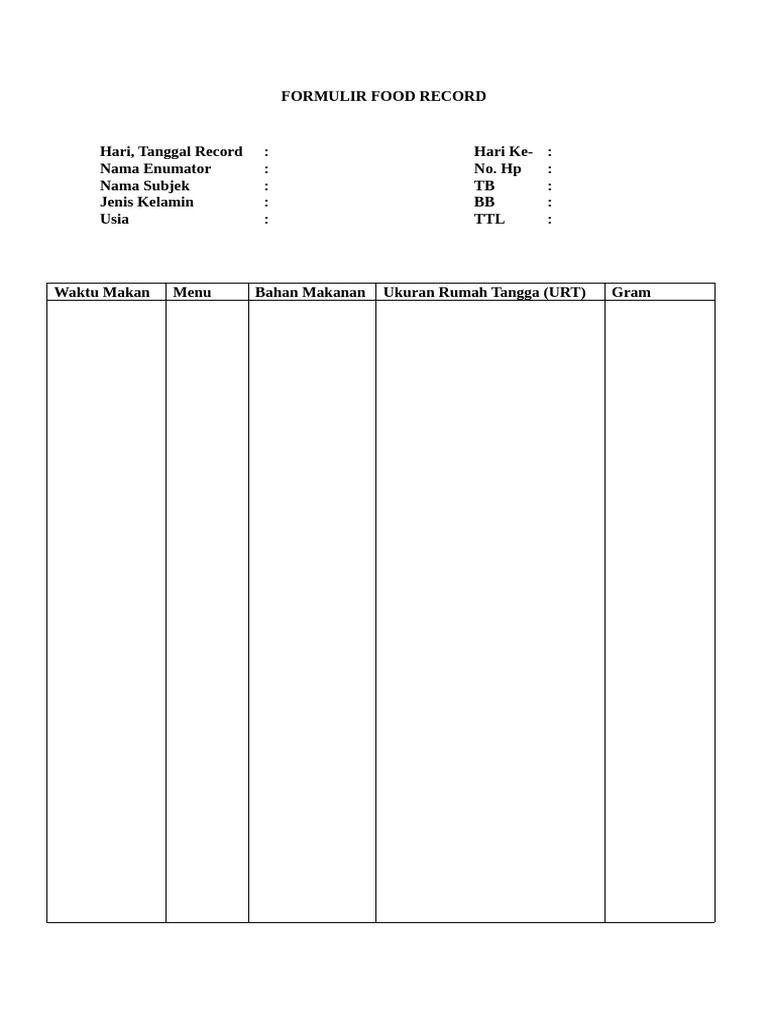Formulir Food Record | PDF
