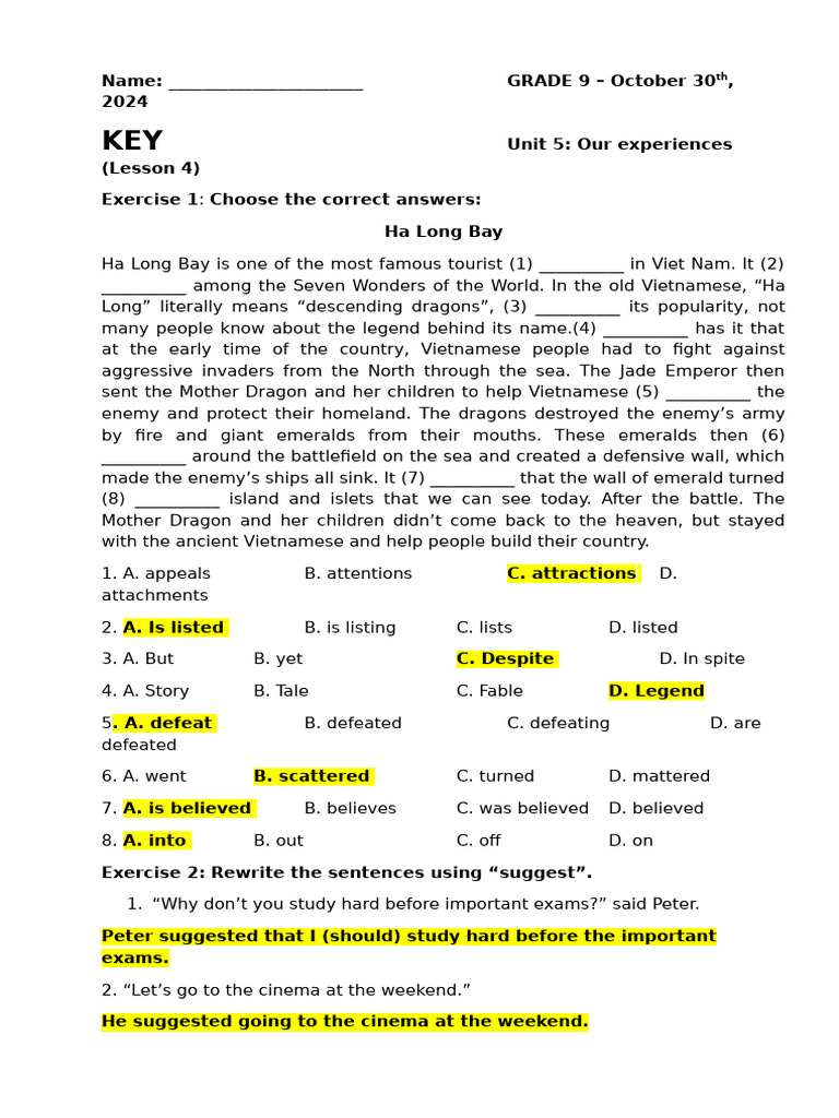 G9 Unit 5 - Our Experiences (Lesson 4) - KEY | PDF