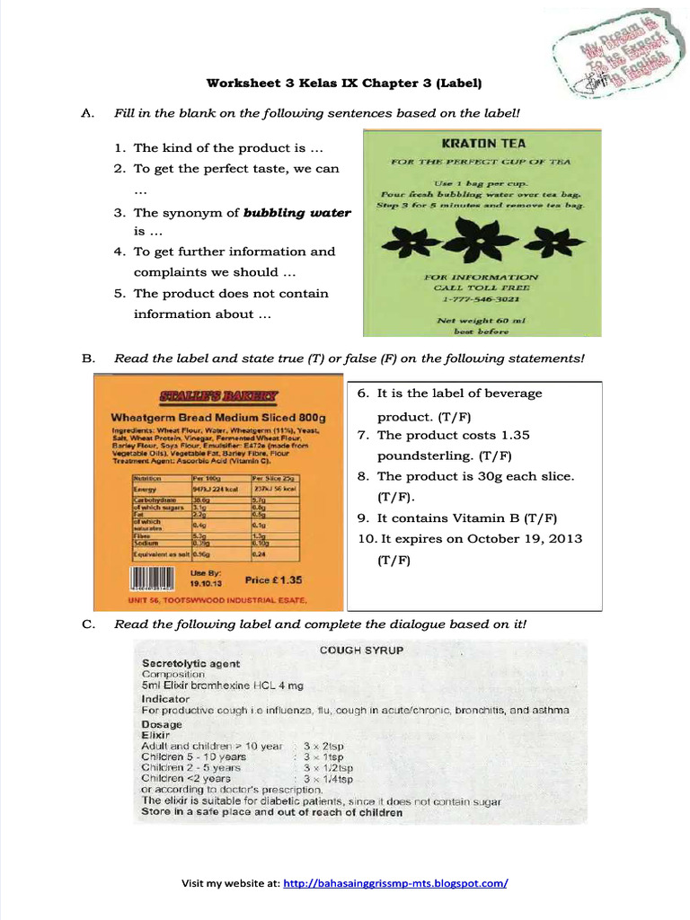 Worksheet for Kelas IX Chapter 3 Labels | PDF | Vitamin | Nutrition