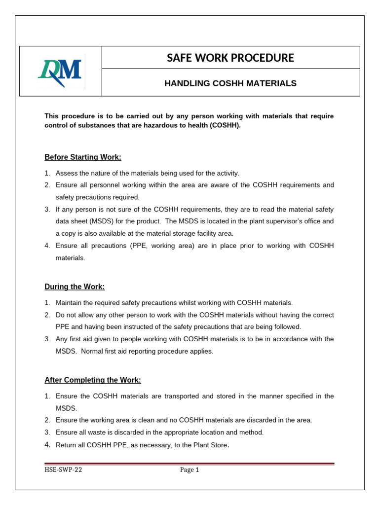 HSE-SWP-22-HANDLING COSHH MATERIAL | PDF