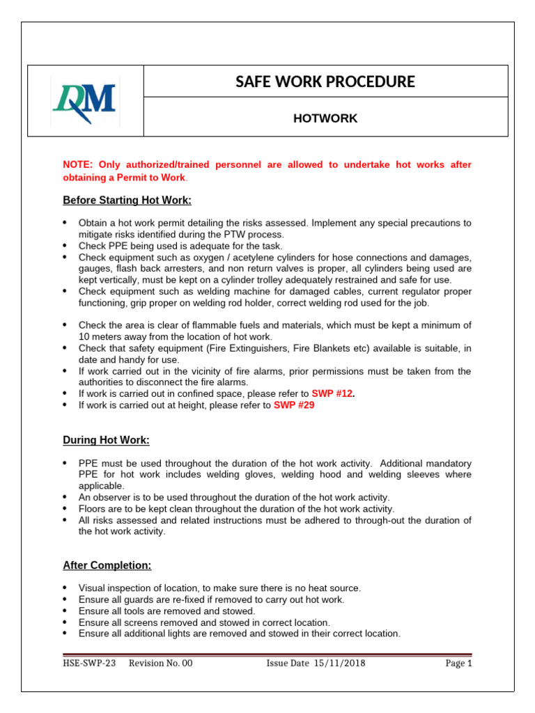HSE-SWP-23-HOT WORKS | PDF | Personal Protective Equipment | Welding