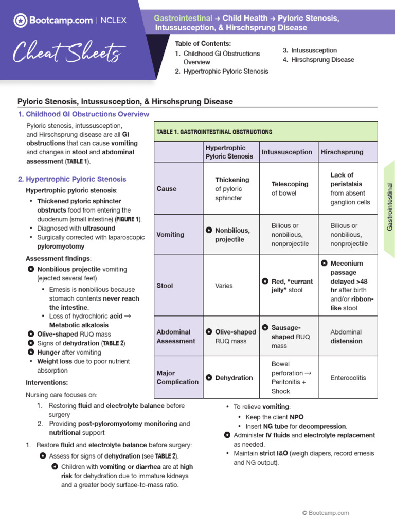 Pyloric Stenosis, Intussusception, & Hirschsprung Disease Cheat Sheet ...