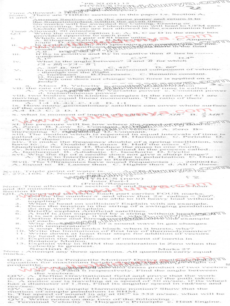 Past Papers 2015 Mardan Board FSC Part 1 Physics English Version | PDF