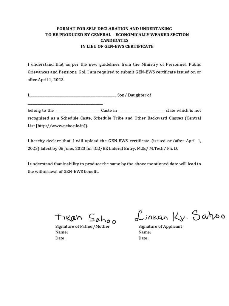 Format For Self Declaration and Undertaking To Be Produced by General ...