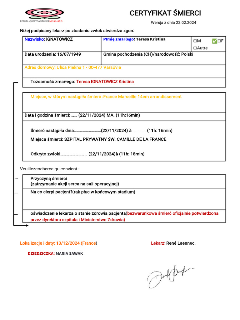 Akt Zgonu Pani Teresy IGNATOWICZ Kristina | PDF