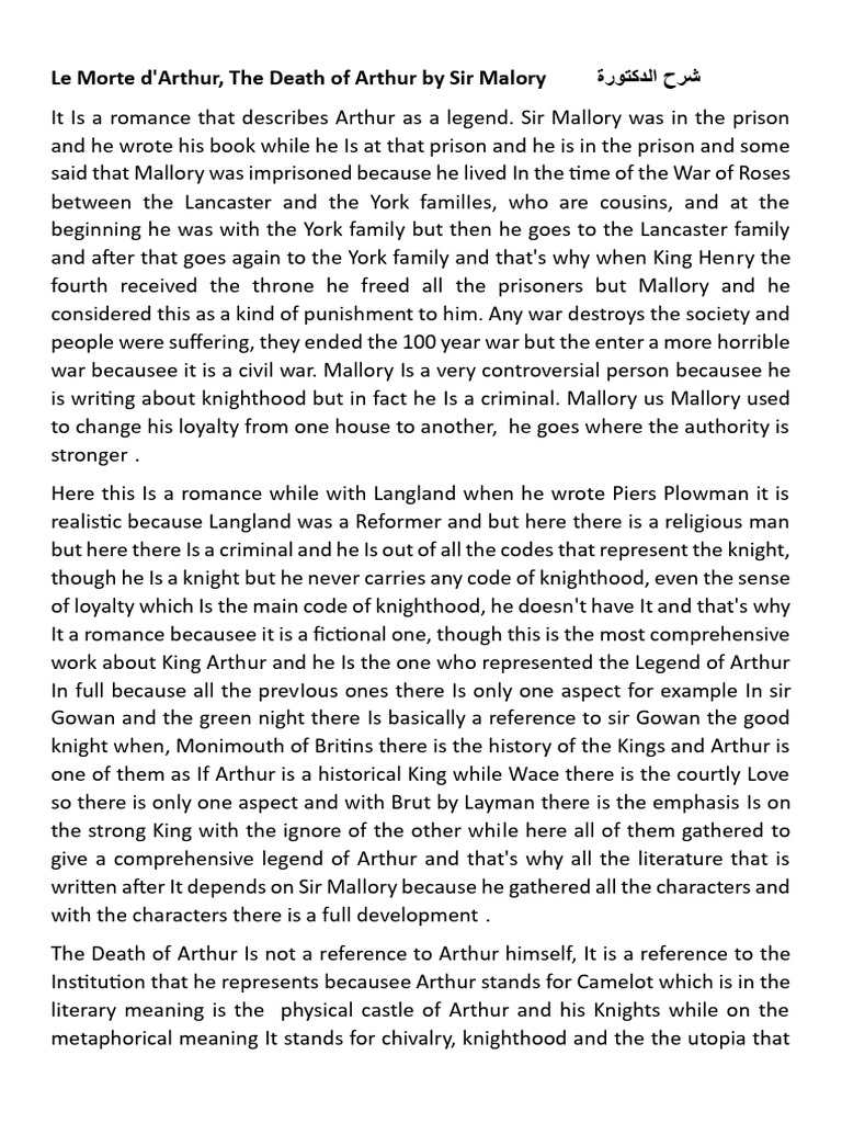 Sir Malory's Le Morte d'Arthur Analysis | PDF | Le Morte D'arthur ...