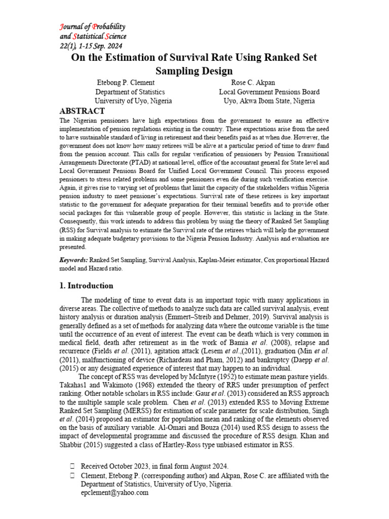 On The Estimation of Survival Rate Using Ranked Set Sampling Design | PDF | Estimator ...