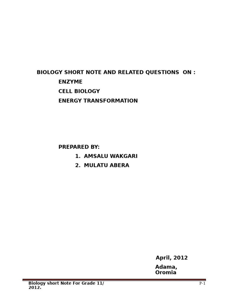 Biology Short Note and Related Questions On: Enzyme Cell Biology Energy ...
