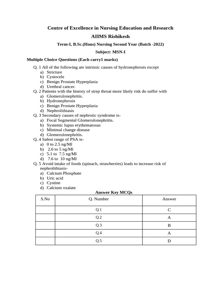 MCQ MSN-I URINARY SYSTEM For Term - I | PDF