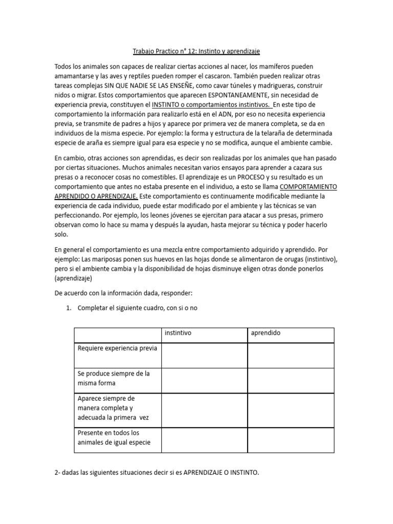 Instinto y Aprendizaje en Animales | PDF | Aprendizaje | Comportamiento