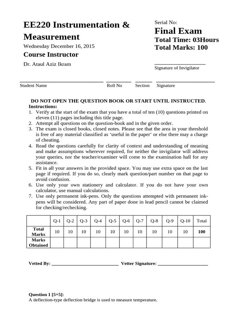 Final Exam Instrumentation Measurement Fall 2015 | PDF | Analog To ...