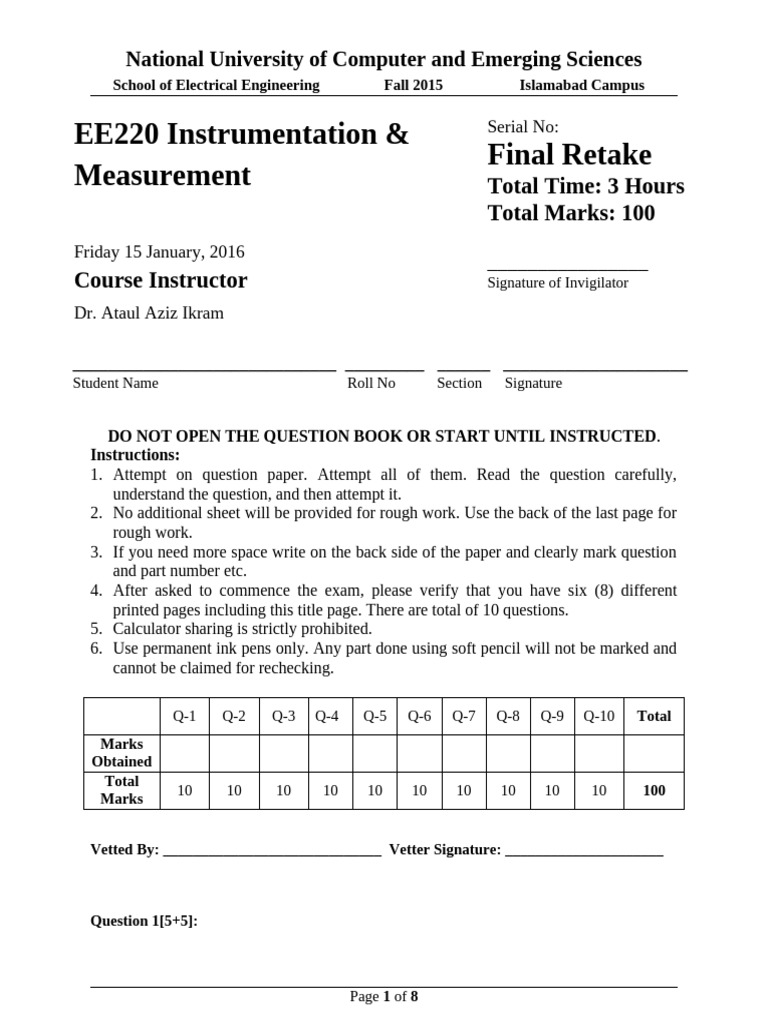 EE220 Instrumentation Exam Paper | PDF | Continuum Mechanics | Metrology