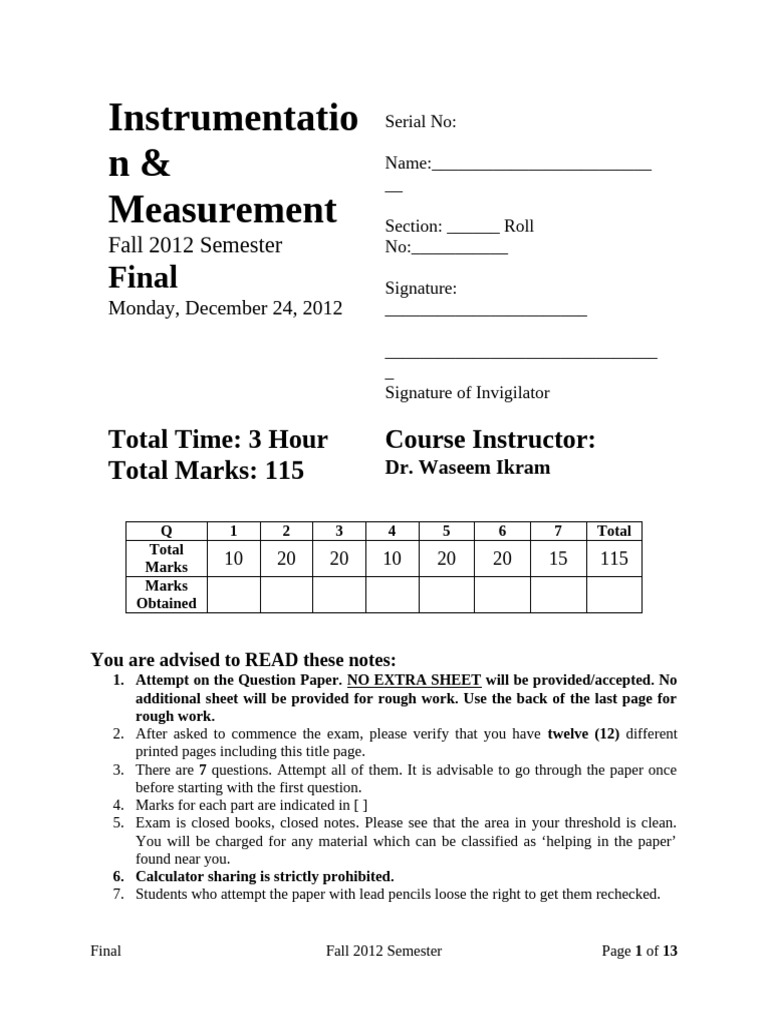 Instrumentation and measurements final exam with answers | PDF | Analog ...