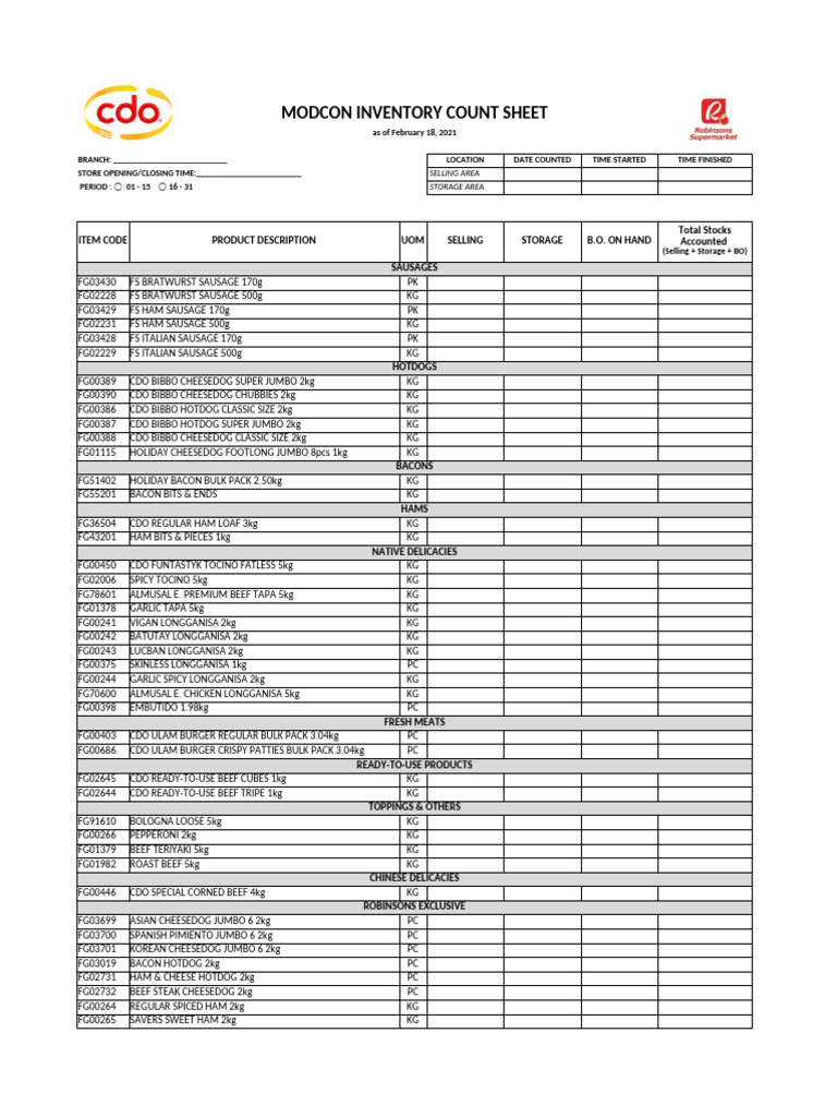 Robinsons Countsheet Forms 2021 | PDF | Hamburgers | Meat