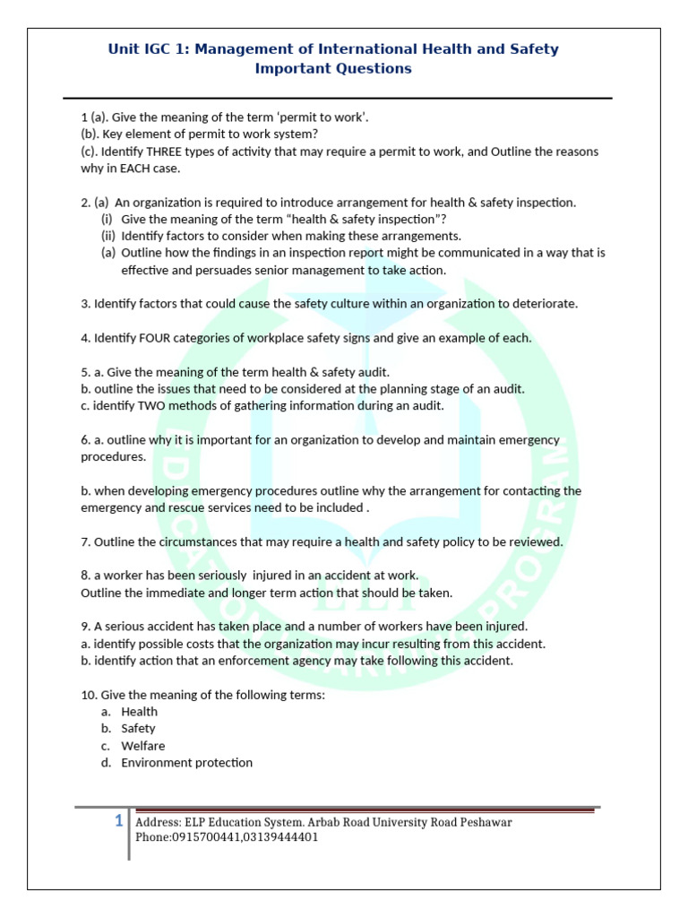 IGC 1 Imp Questions | PDF | Occupational Safety And Health | Employment