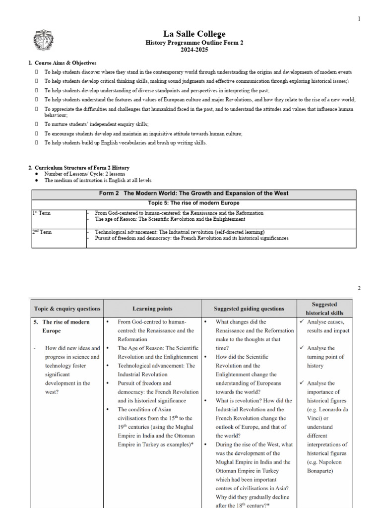 Form 2 History Curriculum Overview | PDF | Liberal Arts Education ...