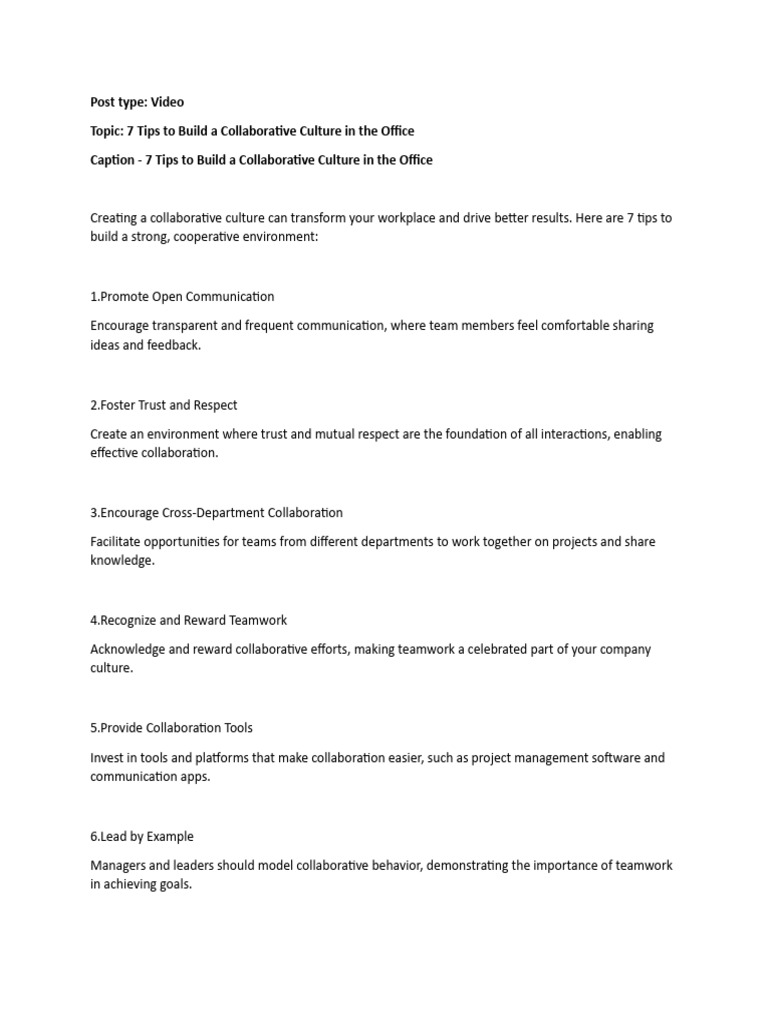 7 Tips To Build A Collaborative Culture in The Office - Video | PDF