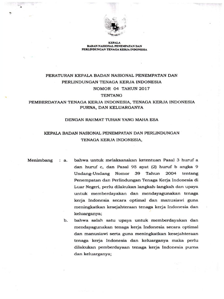 144 PERKA No 04 Tahun 2017 Tentang Pemberdayaan TKI TKIPurna Dan Keluarganya | PDF