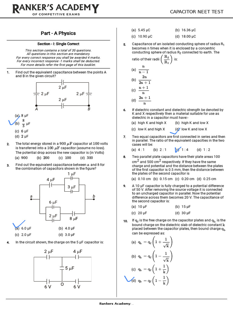 Capacitor Neet Test 14 Jun 2024 | PDF | Capacitor | Capacitance
