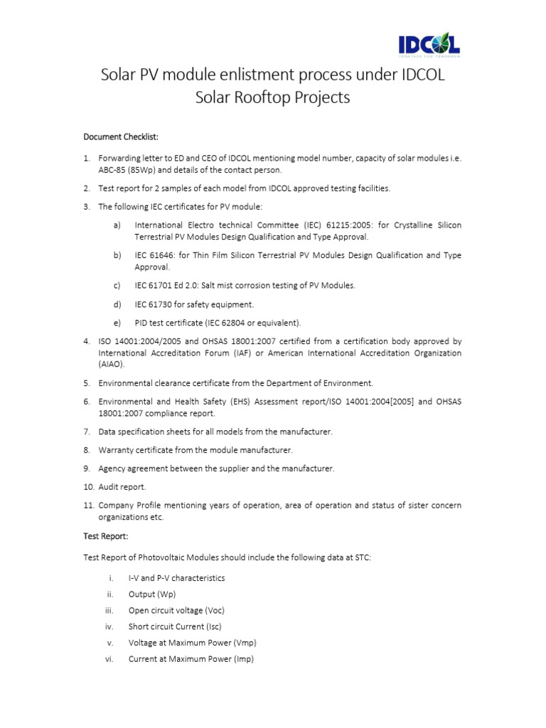 Solar PV Module Enlistment Process Under IDCOL Solar Rooftop Projects1 ...