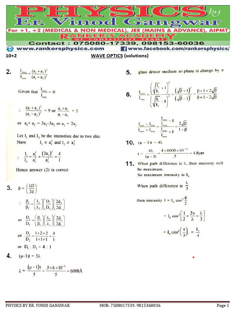 Wave Optics (Solutions) | PDF