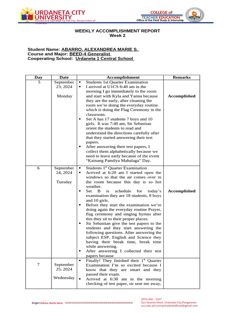 Abarro Weekly Accomplishment Report Template | PDF | Teachers | Learning