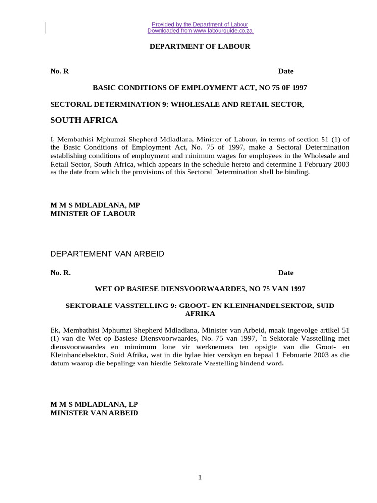 Sectoral Determination 9 - Wholesale and Retail Sector1 | PDF | Overtime | Employment