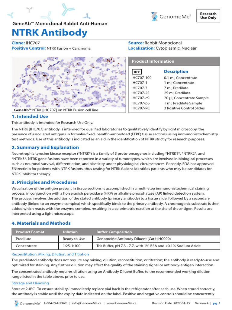 IHC707 NTRK Datasheet RUO | PDF | Immunohistochemistry | Biology