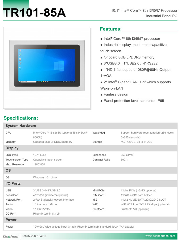 TR101 85A Spec | PDF | Touchscreen | Usb