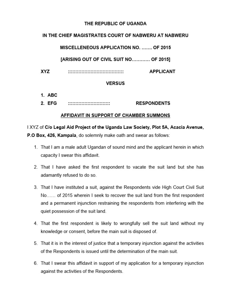 Uganda Court Affidavit for Injunction | PDF