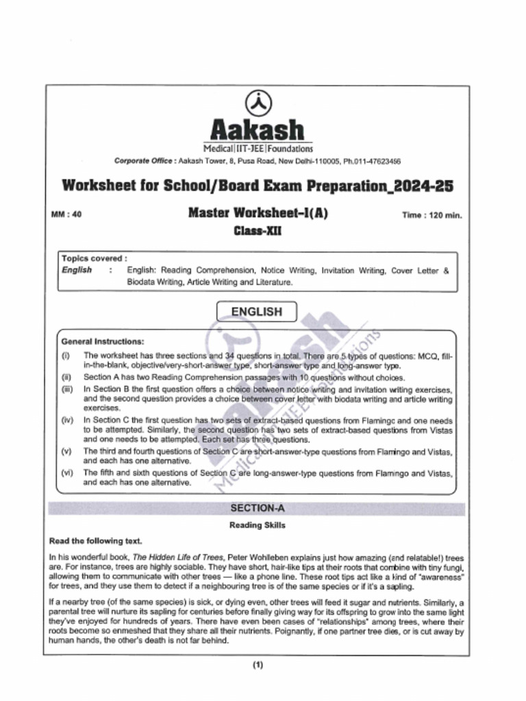 12th Work Sheets For Board Exam-English-1 To 2 Code - A & B | PDF