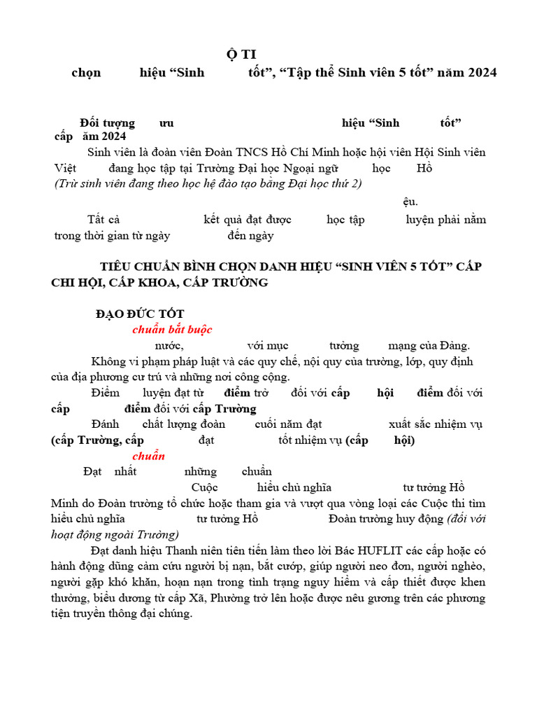 (QTKD) Bo Tieu Chi Binh Xet Sinh Vien 5 Tot Nam 2024 | PDF