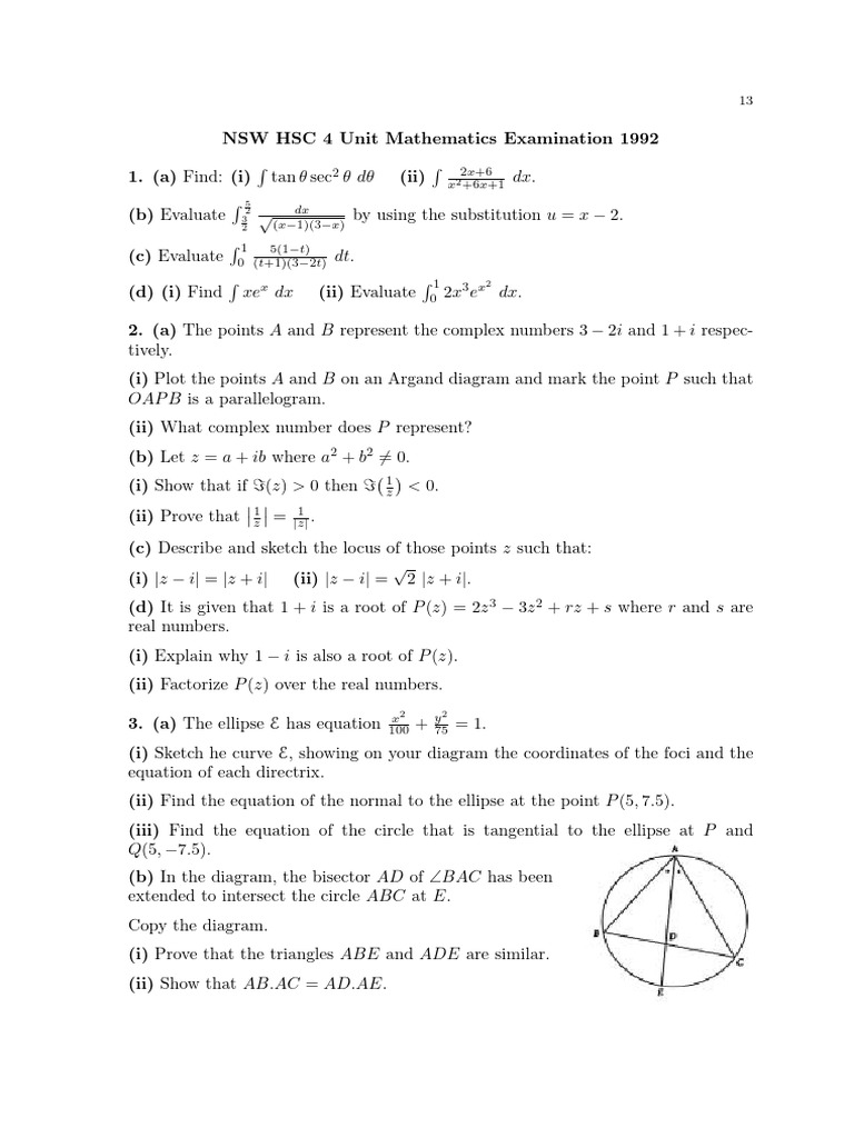 Maths 4u 1992 Hsc | PDF | Complex Analysis | Mathematical Objects