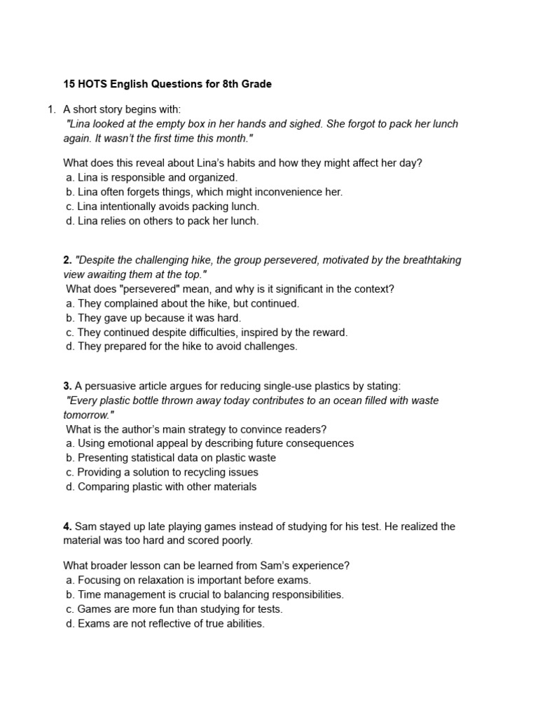 15 HOTS English Questions For 8th Grade | PDF | Pollination | Bees