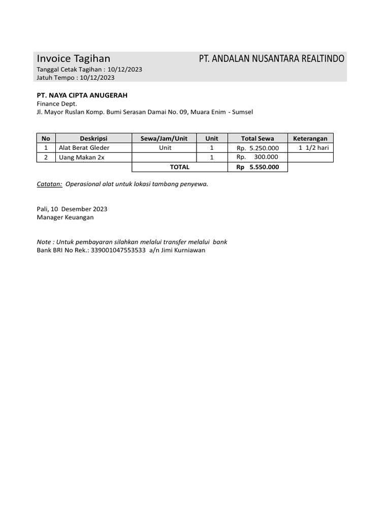 Invoice Sewa Alat Berat | PDF