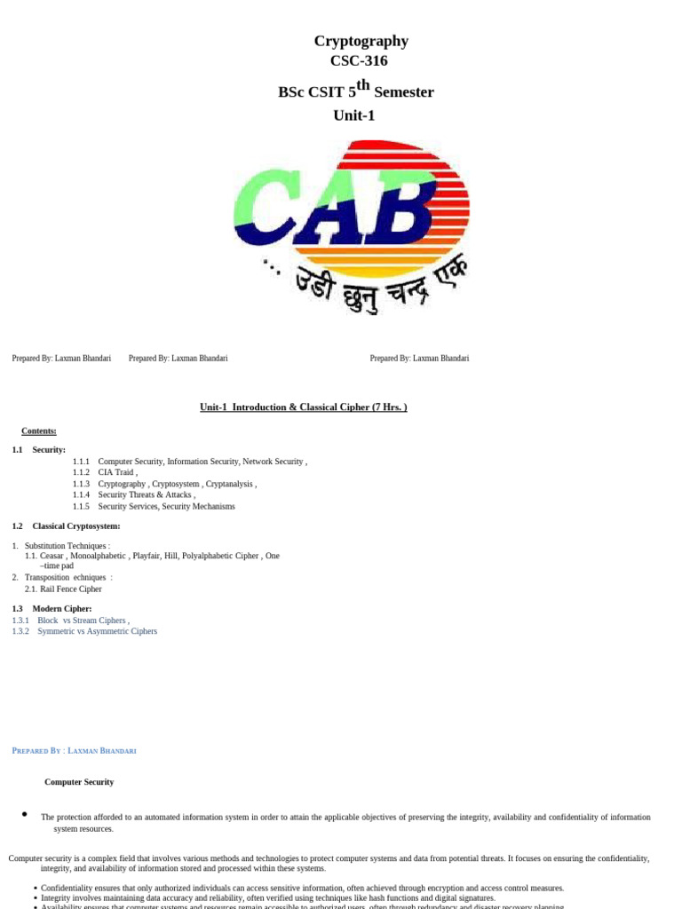 Unit 1 Intro at Classical Cipher | PDF | Cryptanalysis | Information Security