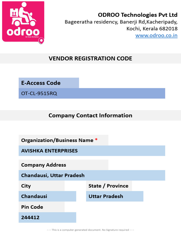 Odroo Vendor Registration Details | PDF