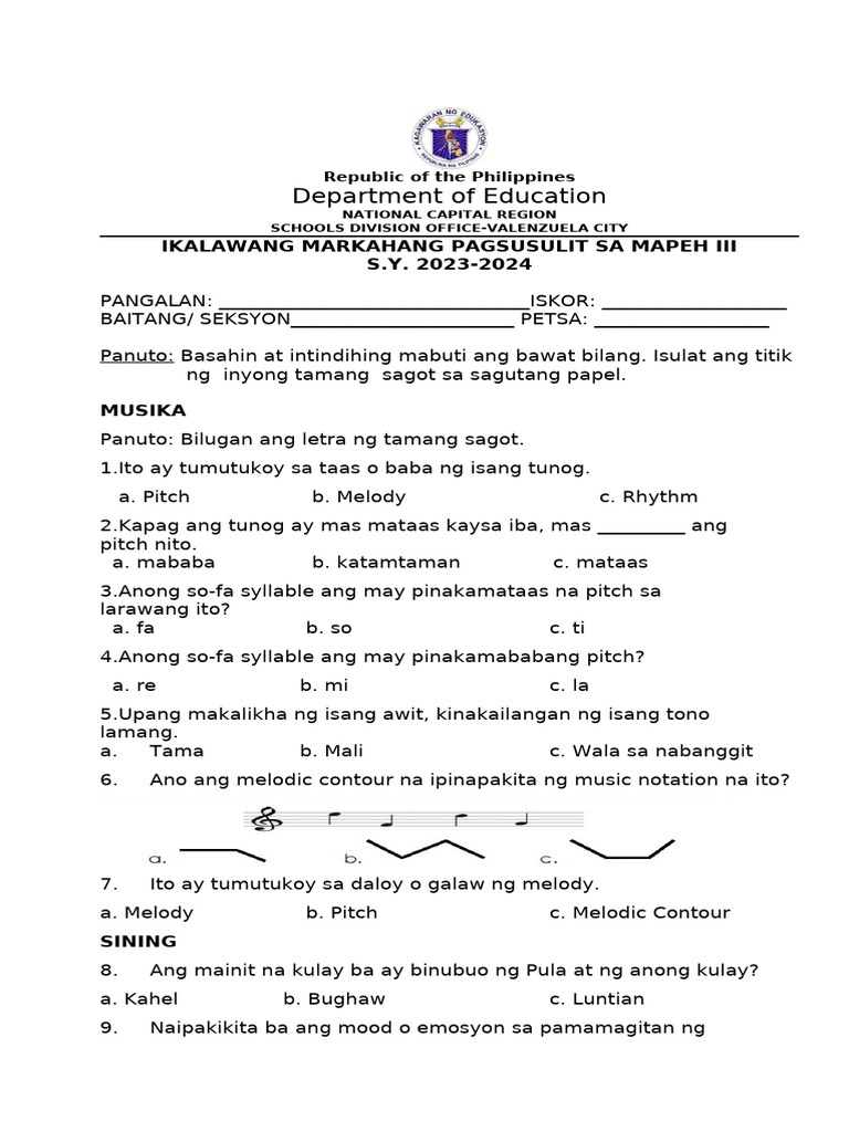 2ND Periodic Examination Grade 3 Mapeh | PDF