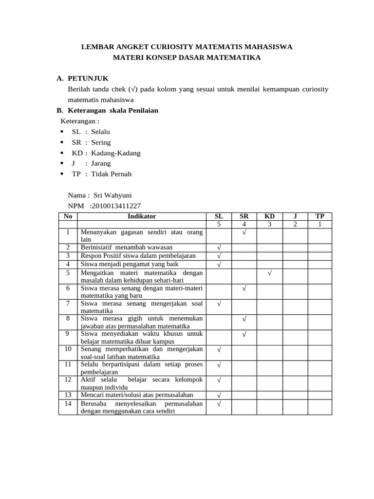 Angket Curiosity Matematis Mahasiswa | PDF