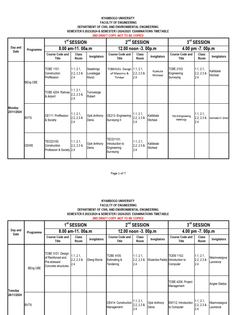 2ND DRAFT Exam Timetable | PDF | Science | Civil Engineering