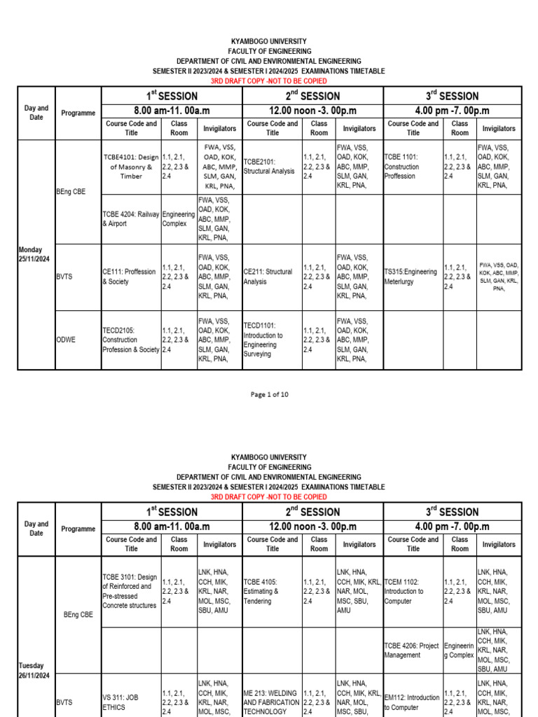 3RD DRAFT Exam Timetable | PDF | Engineering | Civil Engineering