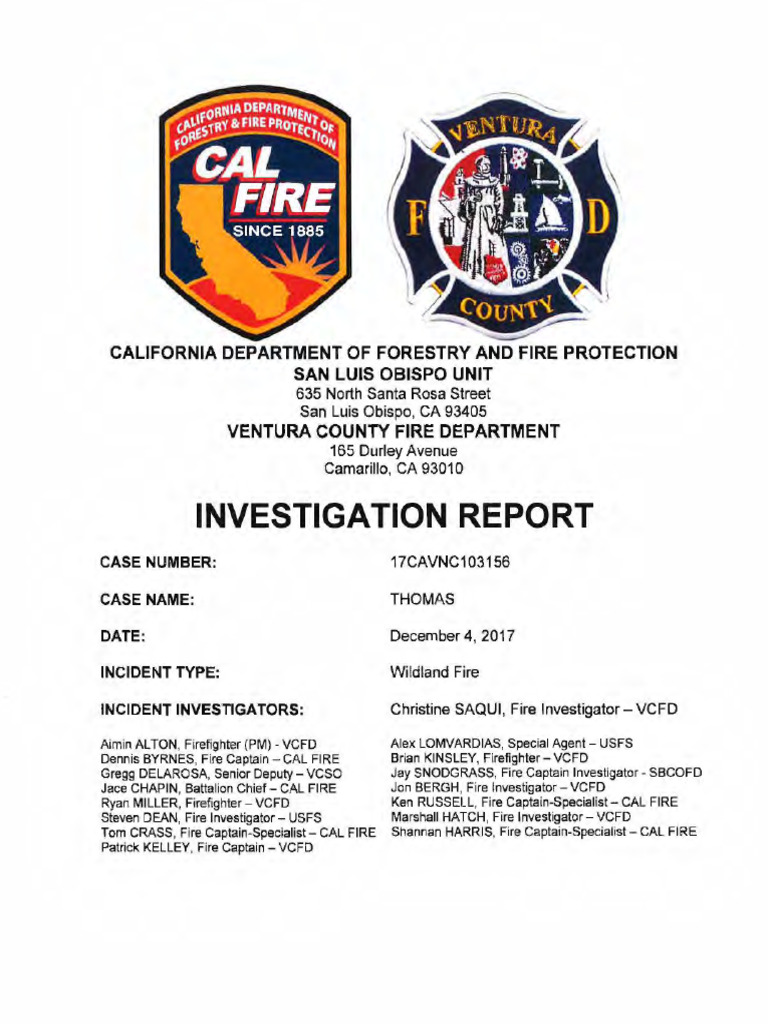 Thomas Fire Investigation Report Redacted 3-14-19 | PDF | Firefighting