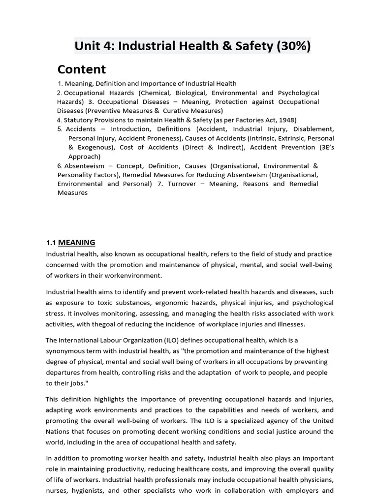 Unit 4 Industrial Health and Safety | PDF | Occupational Safety And ...