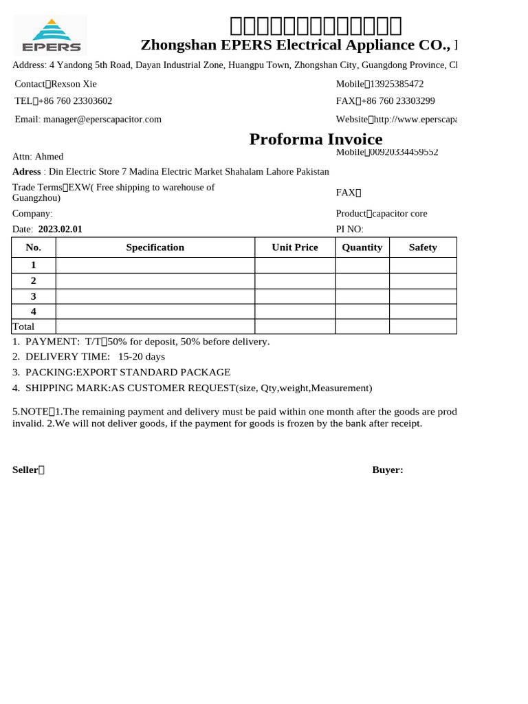 Proforma Invoice: Zhongshan EPERS Electrical Appliance CO., LTD | PDF | Receipt | Banks