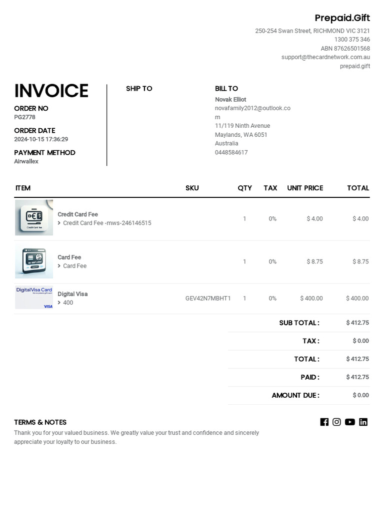 Prepaid Gift Invoice PG2778 | PDF | Credit Card | Business