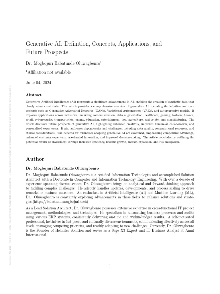 Generative AI: Definition, Concepts, Applications, and Future Prospects ...