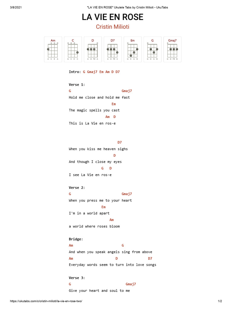 LA VIE EN ROSE - Ukulele Tabs by Cristin Milioti - UkuTabs | PDF ...