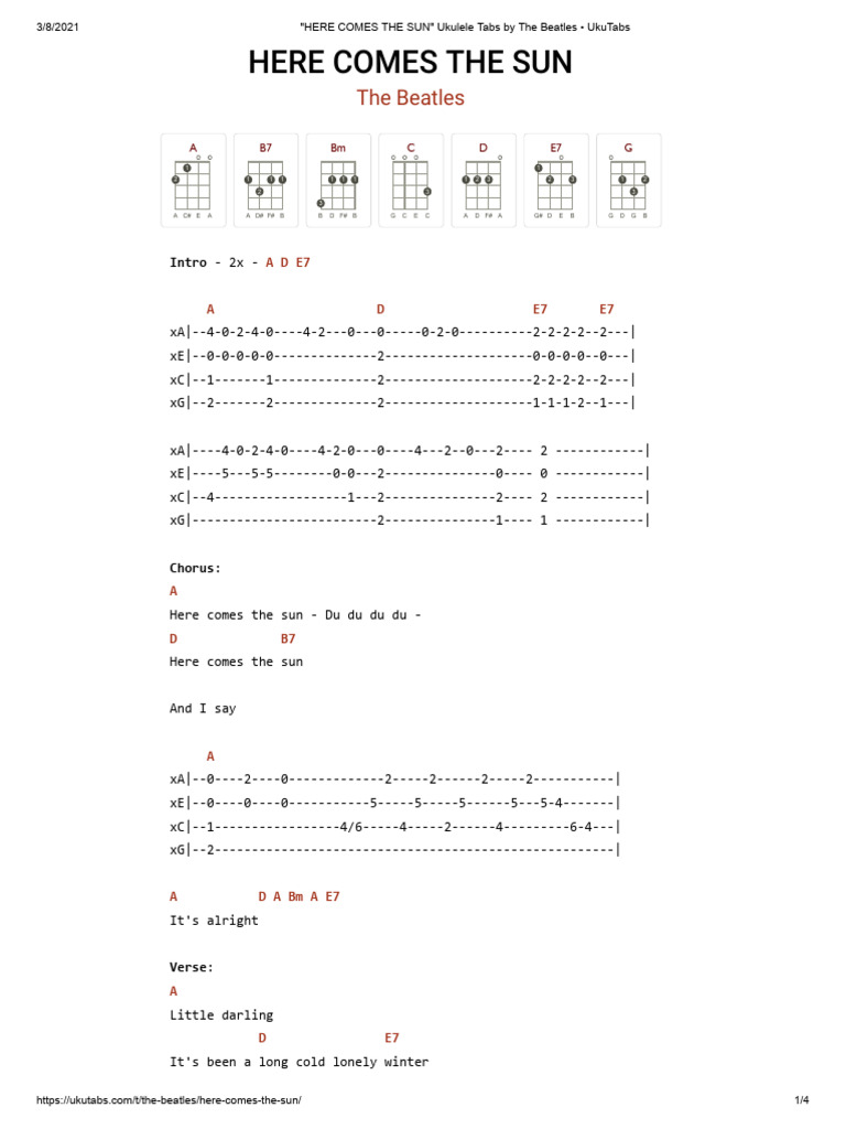HERE COMES THE SUN - Ukulele Tabs by The Beatles - UkuTabs | PDF | Pop ...