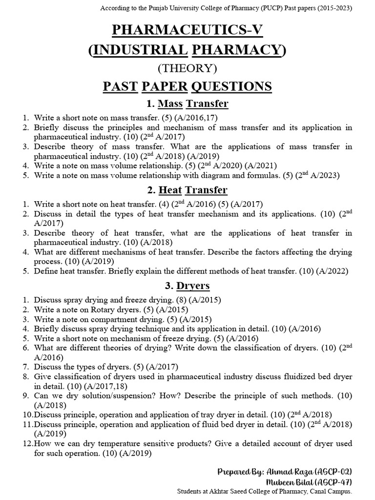 Industrial Pharmacy Arranged Past Papers | PDF | Tablet (Pharmacy) | Filtration