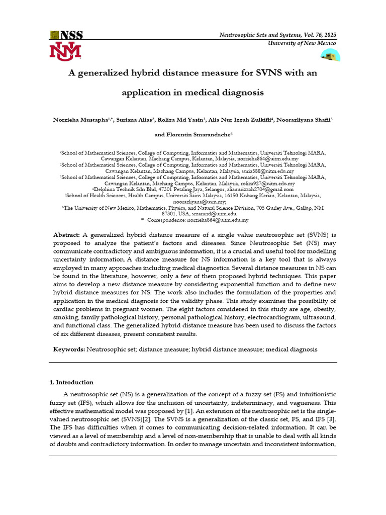A Generalized Hybrid Distance Measure For SVNS With An Application in Medical Diagnosis | PDF ...